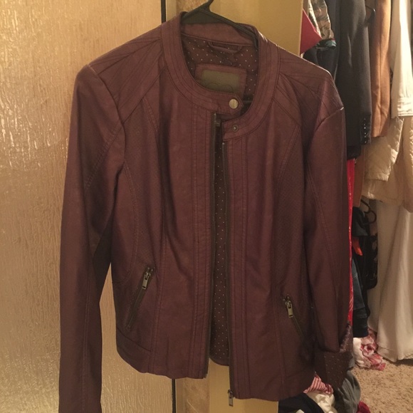 Jackets & Coats | Burgundy Pleather Jacket Cute White Dots Inside ...